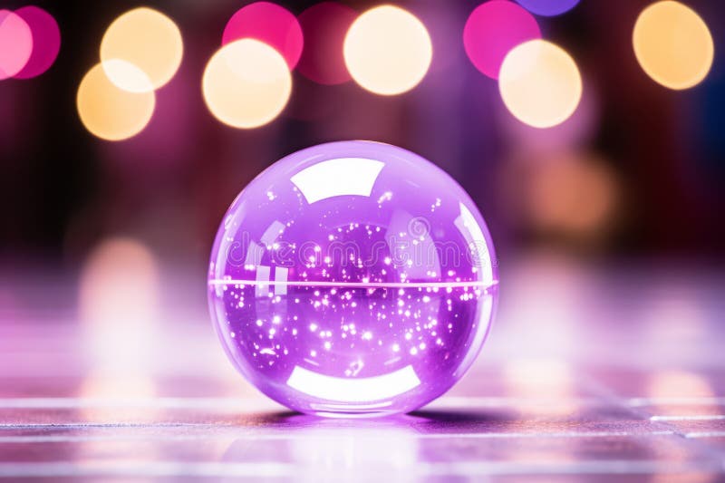 A Purple Crystal Ball Sitting on a Table with Lights in the Background ...