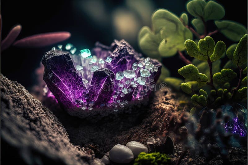 Purple Crystals Cluster in a Dark Cave. Generative AI Stock ...