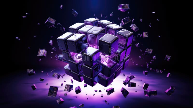 Purple Cube Explosion in Darkness Stock Illustration - Illustration of ...