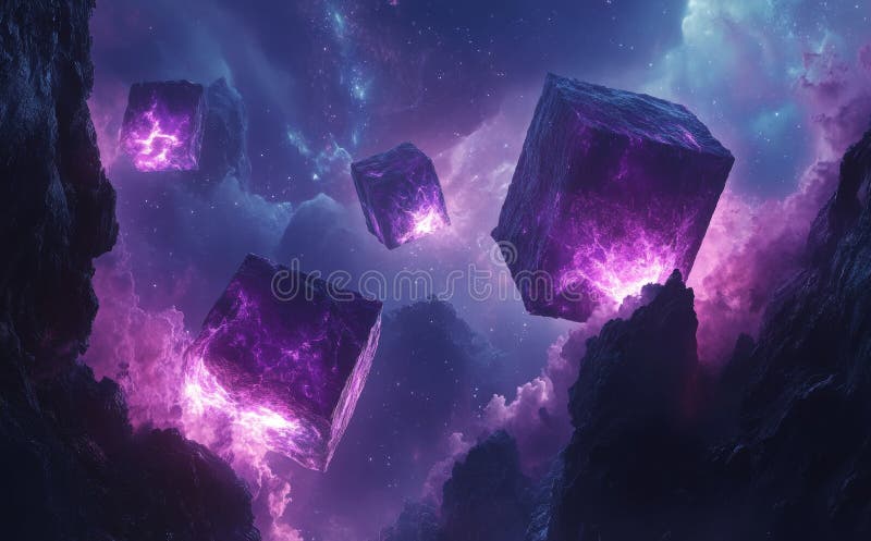 Purple Cubes that Glow Abstractly are Suspended in the Darkness of ...