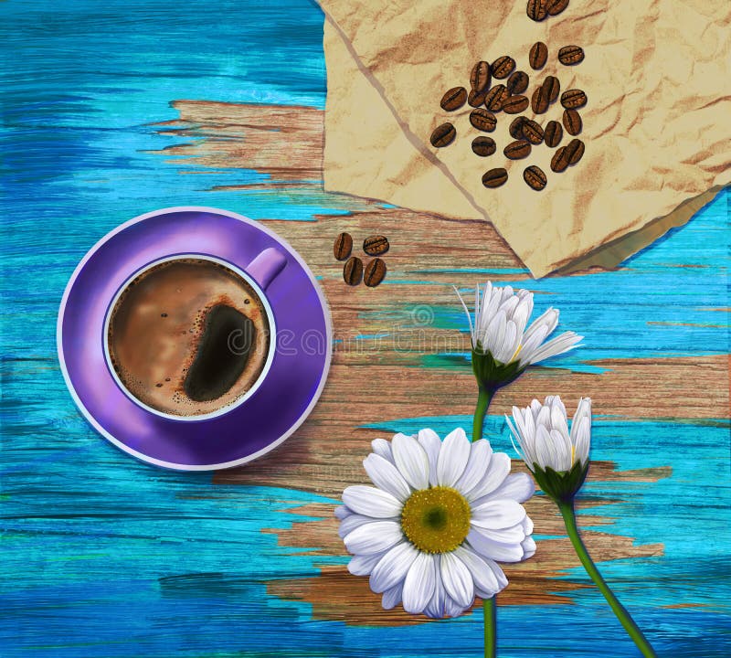 Purple Cup of Coffee, Coffee Beans and Camomile Background Illustration ...