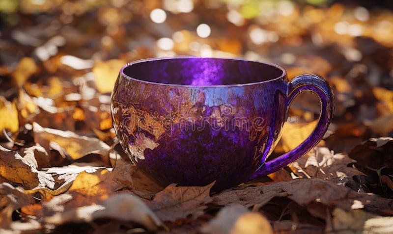 A Purple Cup is Sitting on a Pile of Leaves Stock Image - Image of ...