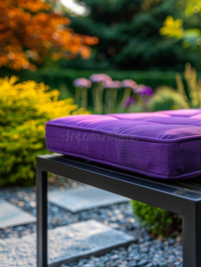 Purple Cushioned Bench in a Vibrant Garden Setting Stock Image - Image ...