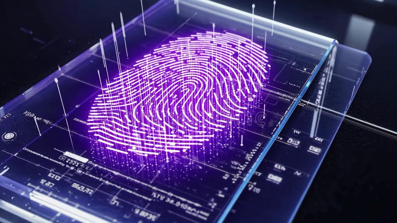 Purple 3d Fingerprint Hologram Displayed on Transparent High Tech ...