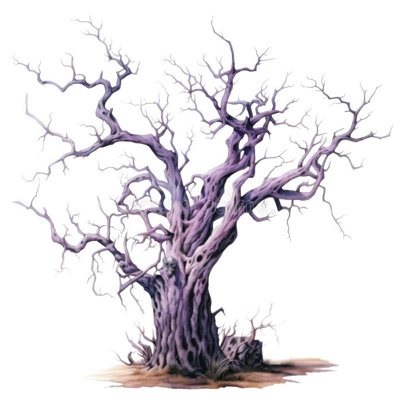 A Purple, Dead Tree with a Skull at Its Base Stock Image - Illustration ...
