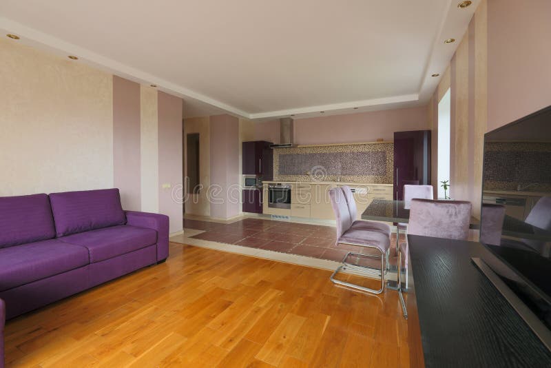 Purple Design Studio Apartment Interior Stock Image - Image of style ...