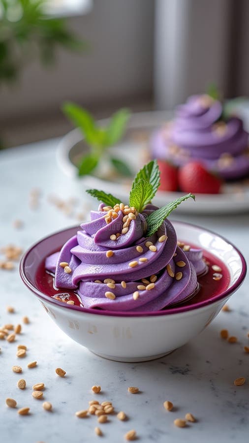 Purple Dessert with Ube Toppings and Mint Garnish in a White Bowl Stock ...