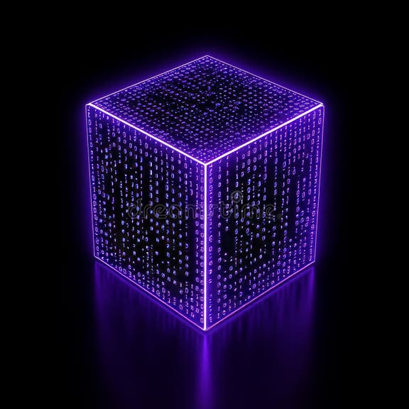 A Purple Digital Binary Data or Code Matrix Cube Against a Dark Blue Background. a Computer ...
