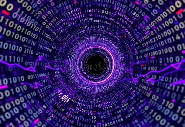 Purple Digital Tunnel with Binary Code Swirling Around a Central Black Hole Stock Illustration ...