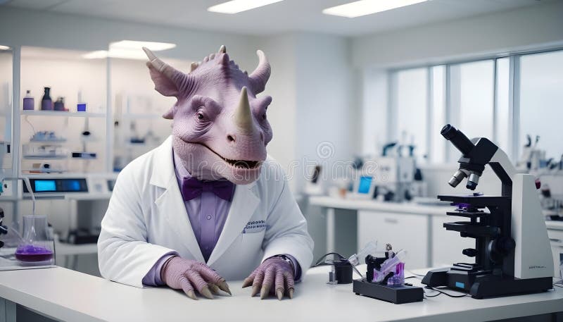 A Purple Dinosaur Wearing a Lab Coat and a Bow Tie, Sitting at a Desk ...