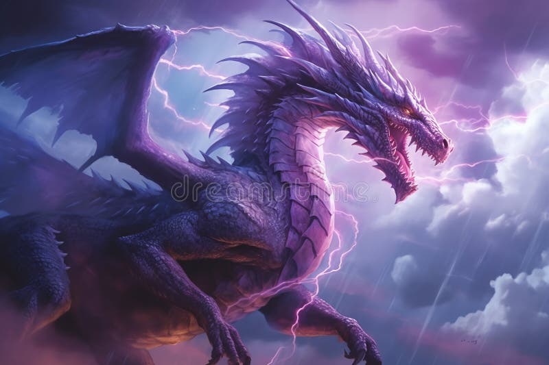 Purple Dragon with Lightning in the Clouds. Fantasy Illustration.ai ...