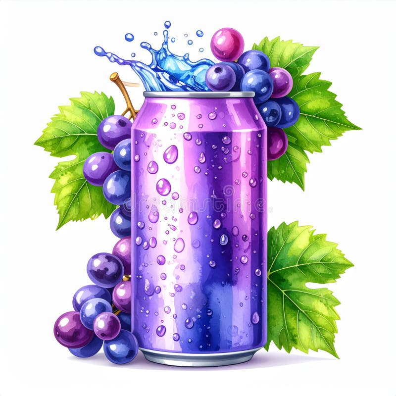 Purple Drink Can with Grape and Water Splash Isolated on White ...