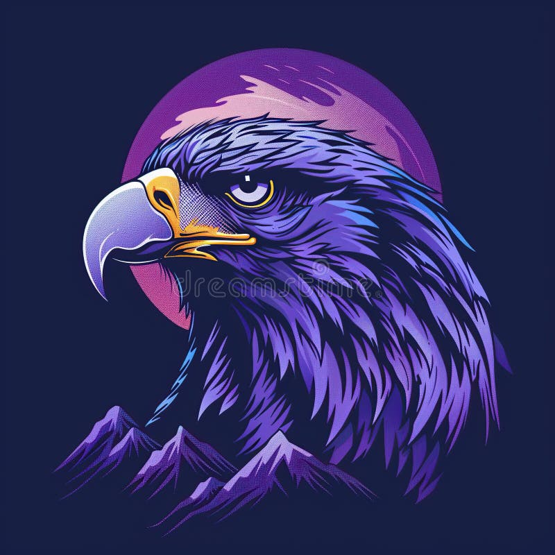 Purple Eagle Head Portrait Against a Purple Moon and Mountains Stock ...