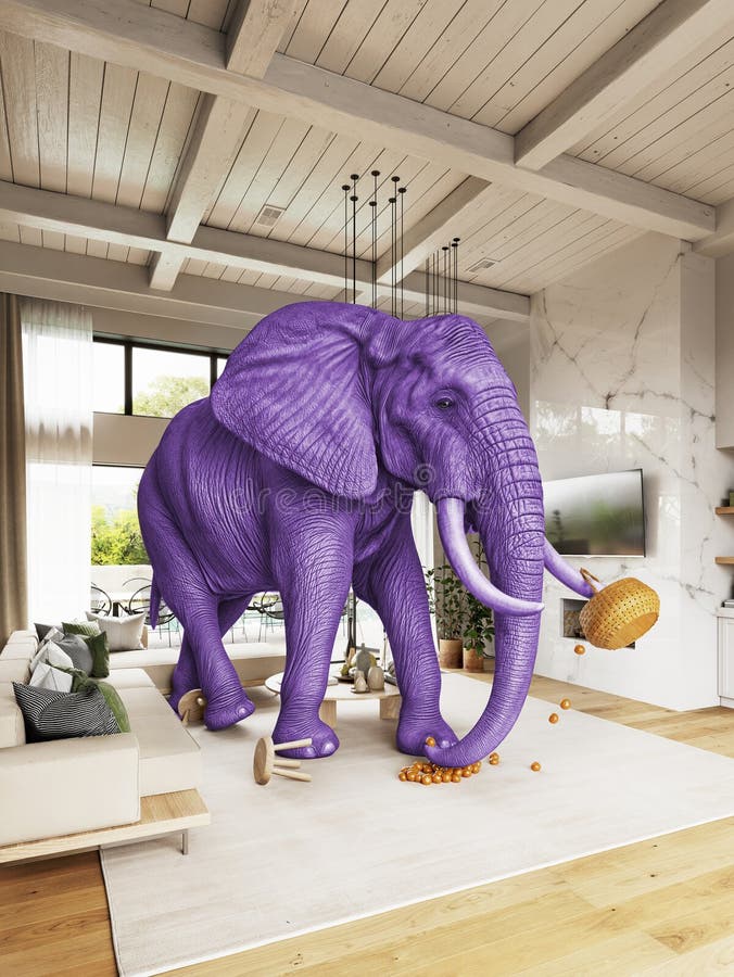 Purple Elephant in a Living Room with a Chandelier. Stock Illustration ...