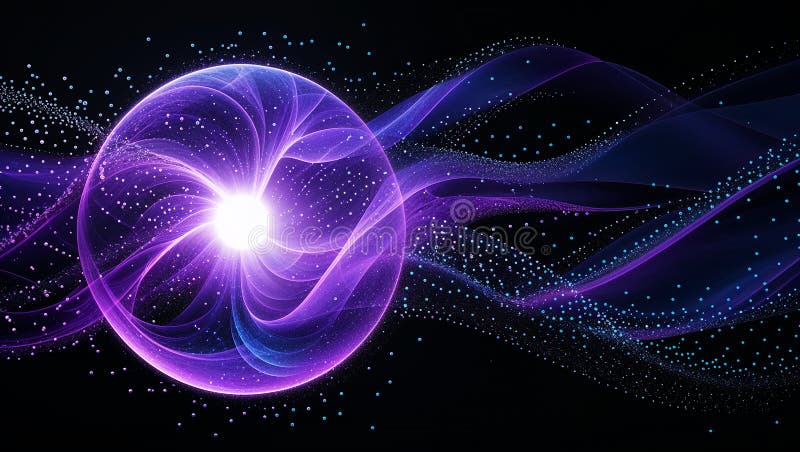 Purple Energy Sphere Emitting Light Waves and Particles on Black ...