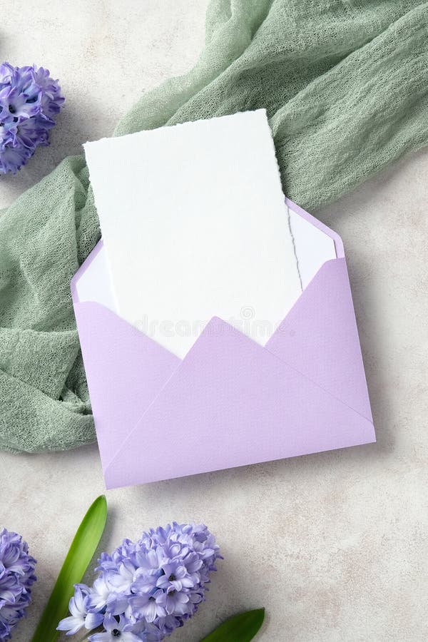 Purple Envelope with Blank Paper Note, Hyacinth Flowers, and Green ...