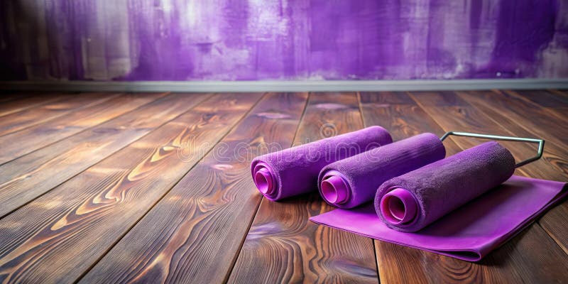 Purple Exercise Mats Rolled and Ready for a Workout on a Wooden Floor ...