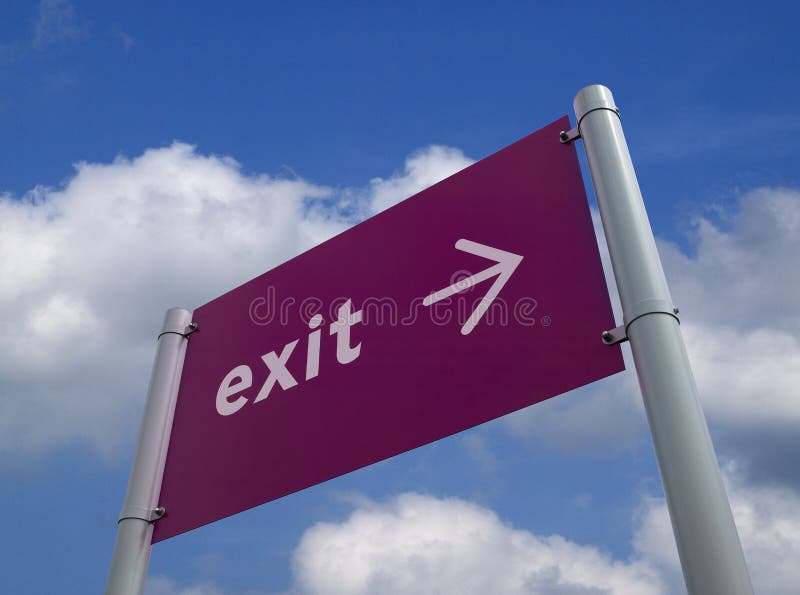 Purple Exit Sign Against Blue Sky and Clouds Stock Photo - Image of ...