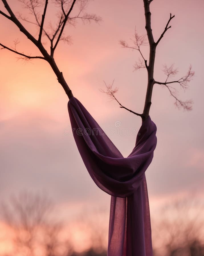Purple Fabric Draped on a Tree Branch at Sunset. Stock Photo - Image of ...