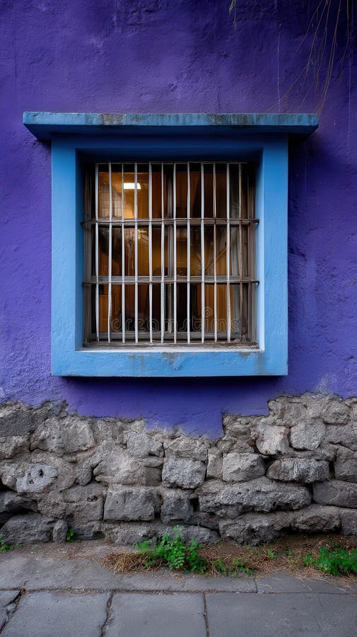 Purple Facade Featuring a Barred Window with a Blue Frame and a Stone ...