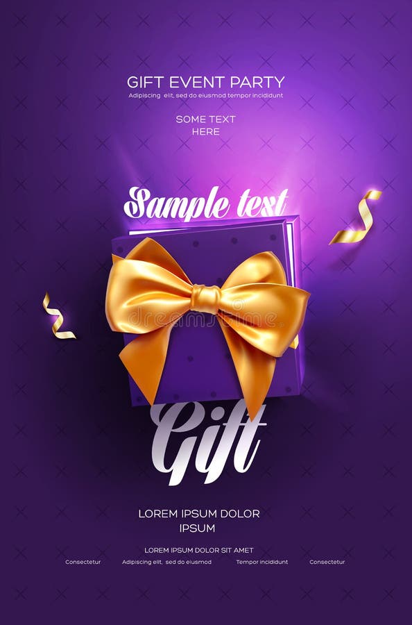 Purple Festive Flyer or Poster. Top View on Gift Box and Bow with ...