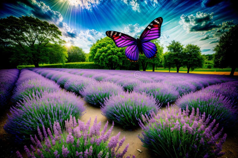 A Purple Field with a Butterfly Flying Over it. Generative AI Stock ...
