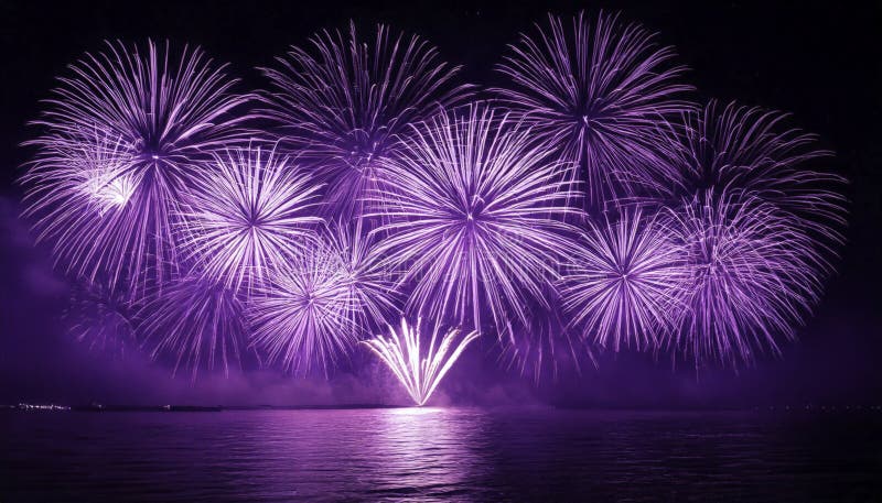 Purple Fireworks Display Over Water at Night Stock Photo - Image of ...