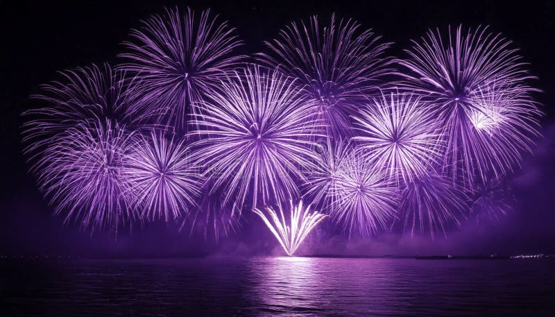 Purple Fireworks Display Over Water at Night Stock Illustration ...