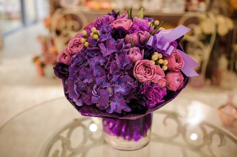 Purple Flower Bouquet Composition on Table Stock Image - Image of bunch ...