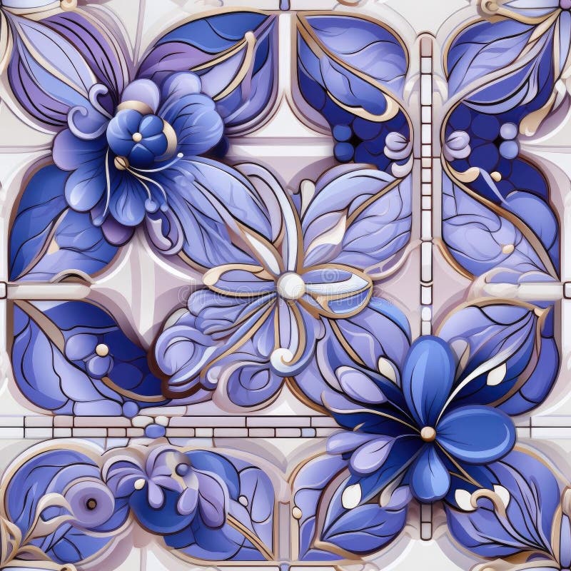 Purple Flower Pattern Abstract Tile Wall Art in Realistic Style (tiled ...