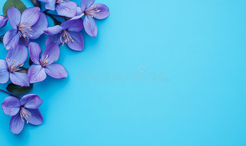 Purple Flowers Corner Border on Blue Background. Copy Space Stock ...