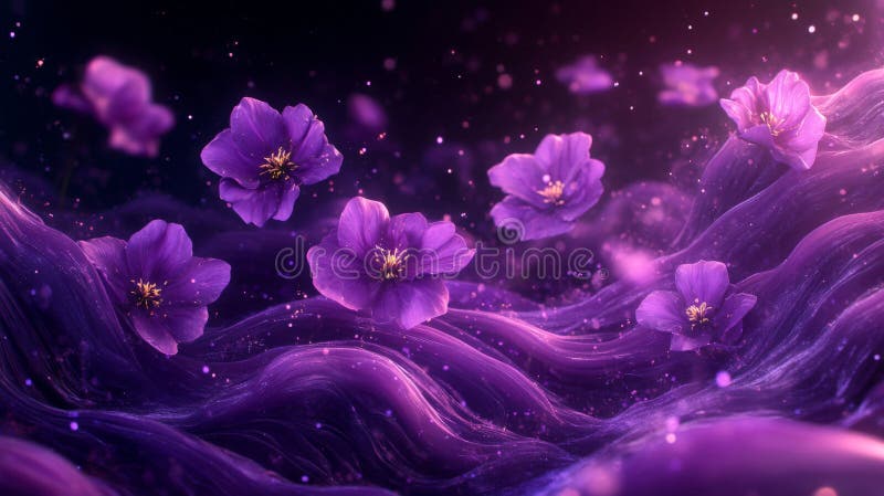 Purple Flowers Floating on a Purple Fabric Wave Stock Illustration ...