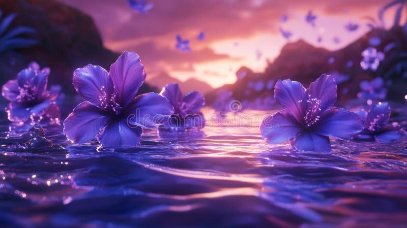 Purple Flowers Floating on a River at Sunset Stock Illustration ...
