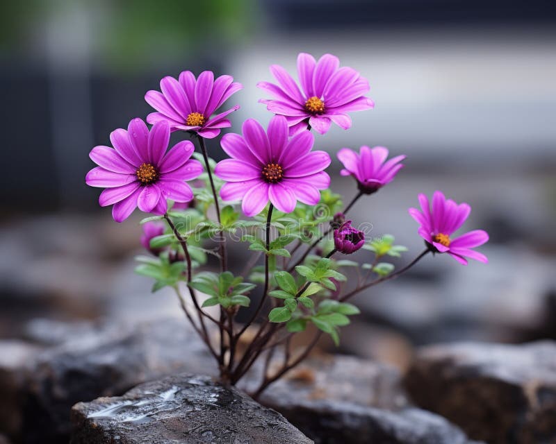 Purple Flowers Growing Out of Rocks in a Garden Stock Illustration ...