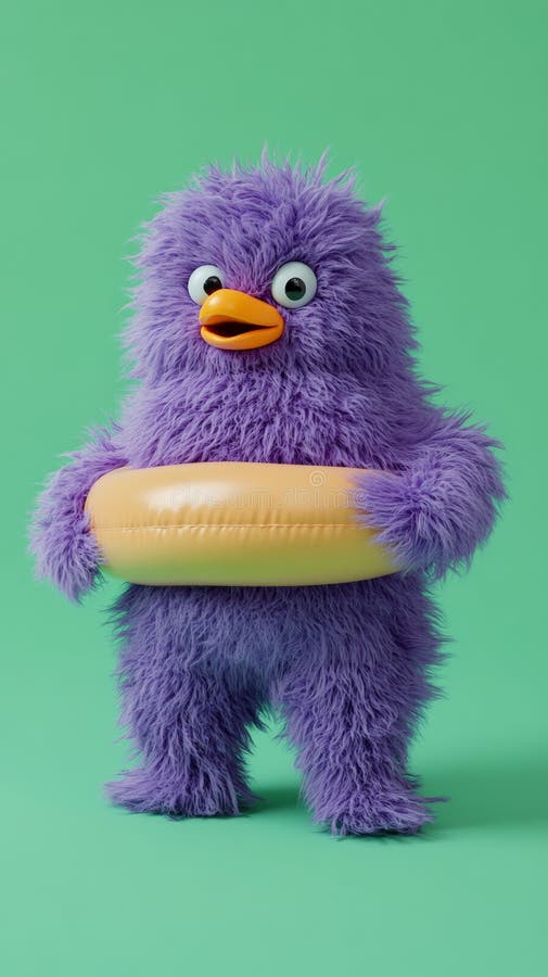 Purple Fluffy Creature with Yellow Lifesaver on Green Background Stock ...