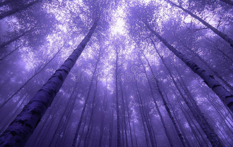 Purple Fog and Birch Trees in a Surreal Forest Scene Stock Illustration ...