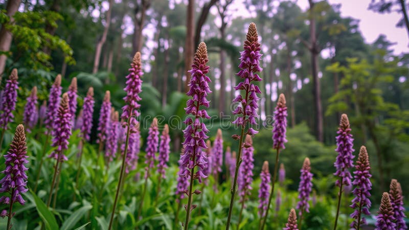 Purple Forest Flowers Growing Vertically in the Foreground and Behind ...