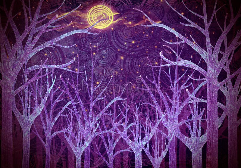 Purple Forest and Full Moon Stock Illustration - Illustration of purple ...