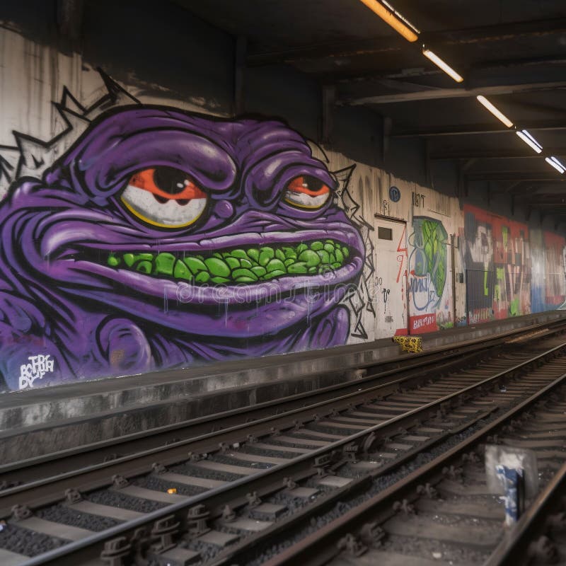 Purple Frog Graffiti on a Wall Near the Train Rails, AI-generated ...