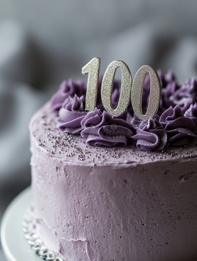 Purple Frosted Cake with Number 100 Topper Stock Photo - Image of ...