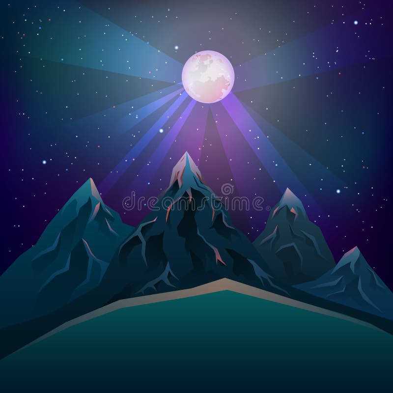 Purple Full Moon Over the Mountains Vector. Stock Vector - Illustration ...