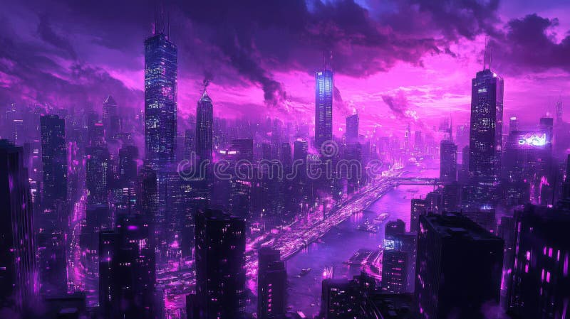 Purple Futuristic City at Night Stock Illustration - Illustration of ...
