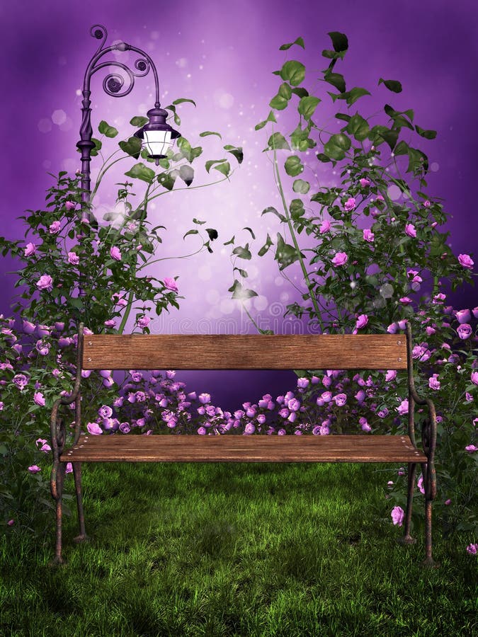 Purple garden with a bench stock illustration. Illustration of fantasy ...