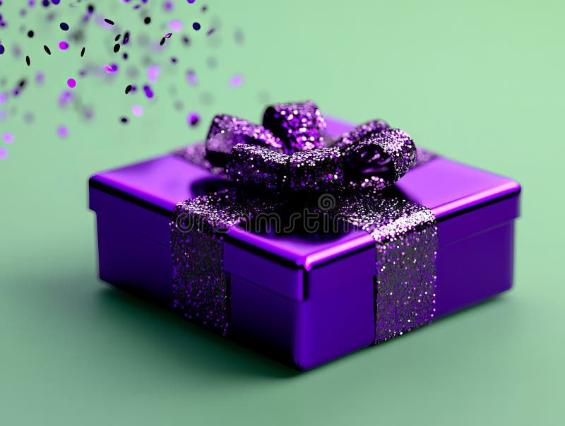 A Purple Gift Box with a Purple Bow and Purple Confetti Stock Image ...