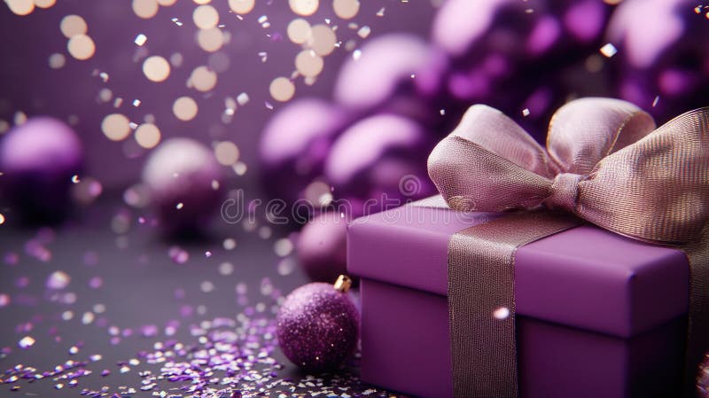 Purple Gift Box with Bow and Sparkling Decorations for a Festive ...