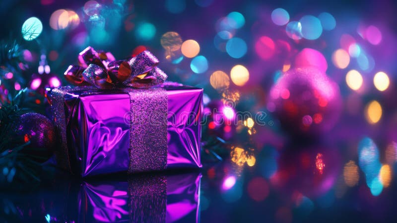 Purple Gift Box with Glitter and Bow Against a Bokeh Background Stock ...
