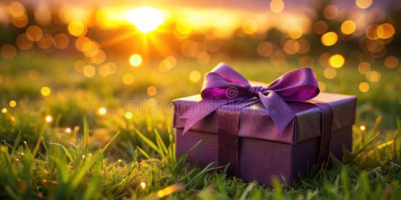 A Purple Gift Box with a Satin Ribbon Sits in the Grass during a ...