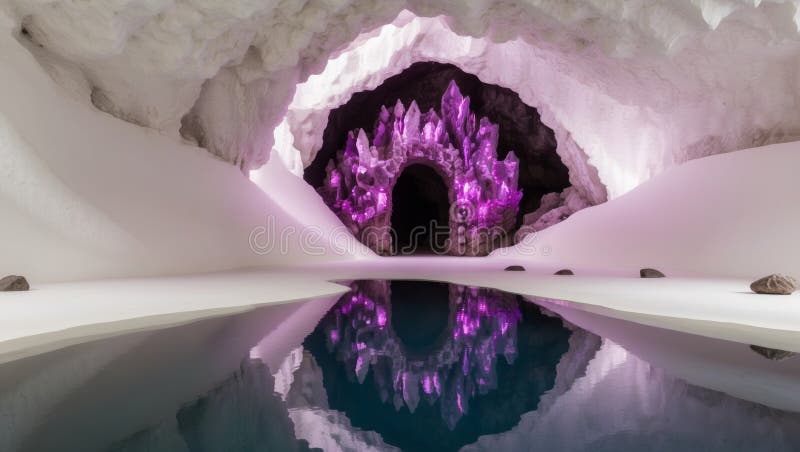Purple Glowing Crystal Cave Entrance with Reflective Water Surface ...