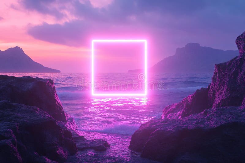 Purple Glowing Square Neon 3D Frame in the Ocean. Generative AI Stock ...