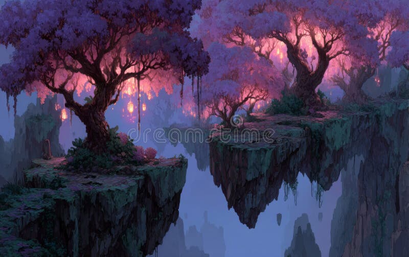 Purple Glowing Trees on Floating Islands Fantasy Landscape Stock ...